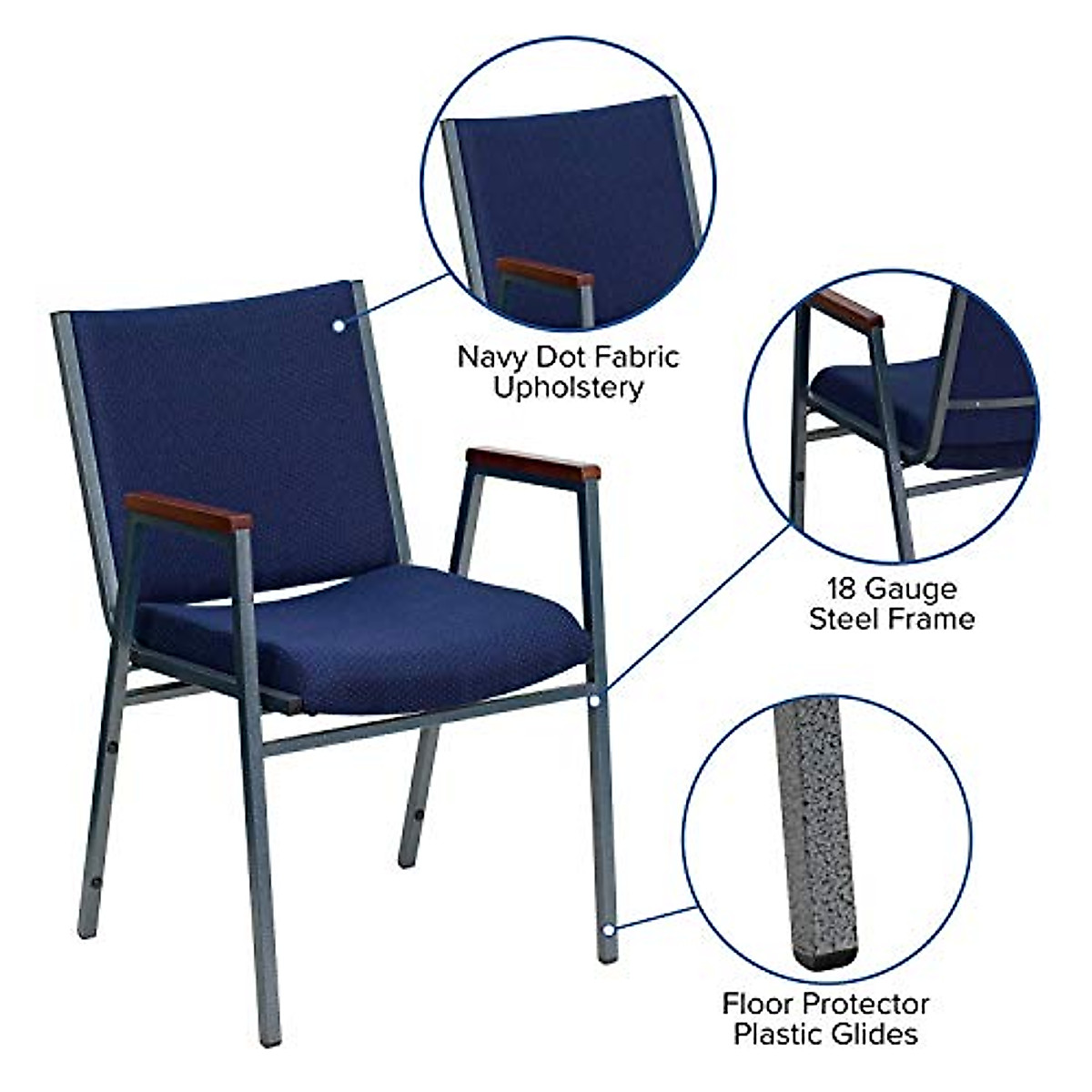 Flash Furniture HERCULES Series Heavy Duty Navy Blue Dot Fabric Stack Chair with Arms and Ganging Bracket