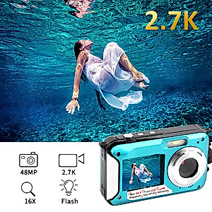 Digital Camera 10FT Waterproof Digital Camera 2.7K 48MP 16X Zoom in Waterproof Camera Selfie Dual Screens Underwater Camera for Snorkeling, Blue