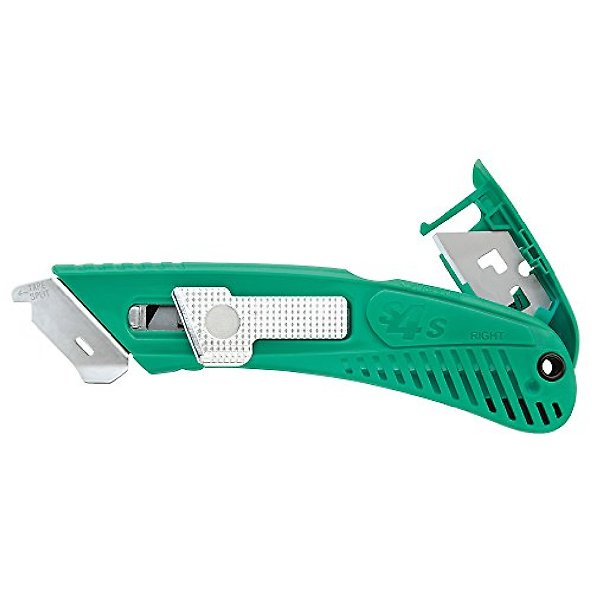 Pacific Handy Cutter S4SR Self-Retracting Safety Cutter with Fixed Metal Guard, Bladeless Tape Splitter, Steel Guard for Safety and Damage Protection, for Warehouse and In-Store Cutting, green