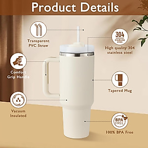 Ochapa 40 oz Tumbler with Handle Straw Lid Insulated Stainless Steel Vacuum Reusable Keep Drinks Cold Coffee Cup Holder Friendly Gifts for Women Men Lover Car Gym Travel, White