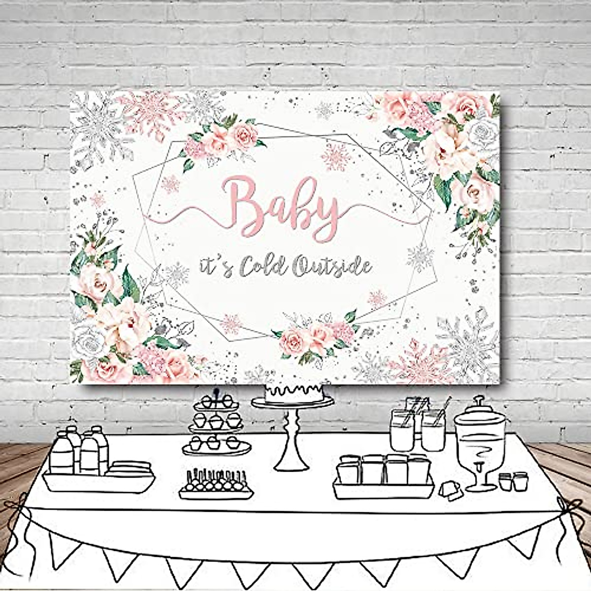 MEHOFOND Baby It's Cold Outside Backdrop Sliver Snowflake Girl Baby Shower Party Decorations Winter Wonderland Photography Background Snowfall Banner Blush Pink Floral Studio Props 7x5ft