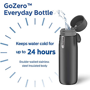 PHILIPS Filtered Water Bottle, Insulated Stainless Steel Water Purifier Bottle for Daily Life & Travel, BPA Free with GoZero Everyday Filter for Cleaner & Tastier Tap Water, Keeps Cold, 32 oz Gray