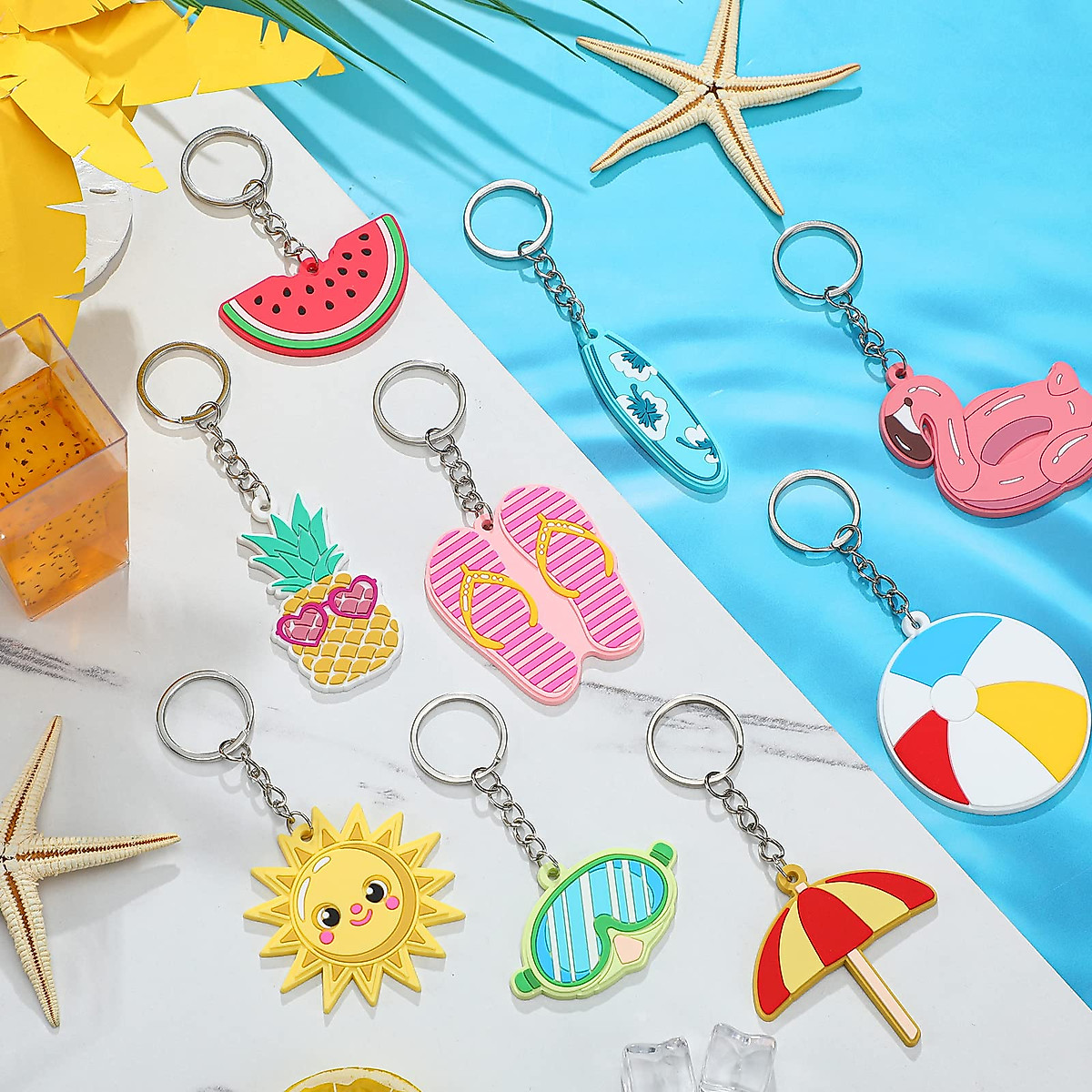 Yinkin 36 Pcs Summer Party Keychains Beach Flamingo Pineapple Turtle Surfboard Keychain for Summer Pool Theme Favor Luau Tropical Hawaiian Sea Party Supplies, 9 Styles(Pool Style)