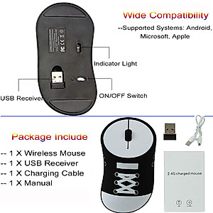 CHUYI Cool Canvas Shoes Shape Ergonomic Design Rechargeable Wireless Mouse Slim Optical Mice with USB Receiver (Stored at Bottom of The Mouse) for PC, Laptop, Computer (Black)