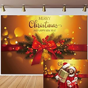 Yeele 5x3ft Christmas Backdrop for Party Happy New Year Red Bow Pine Cones Gold Lighting Lantern Balls Vinyl Background Kids Xmas Party Decorations Banner Photo Booth Props