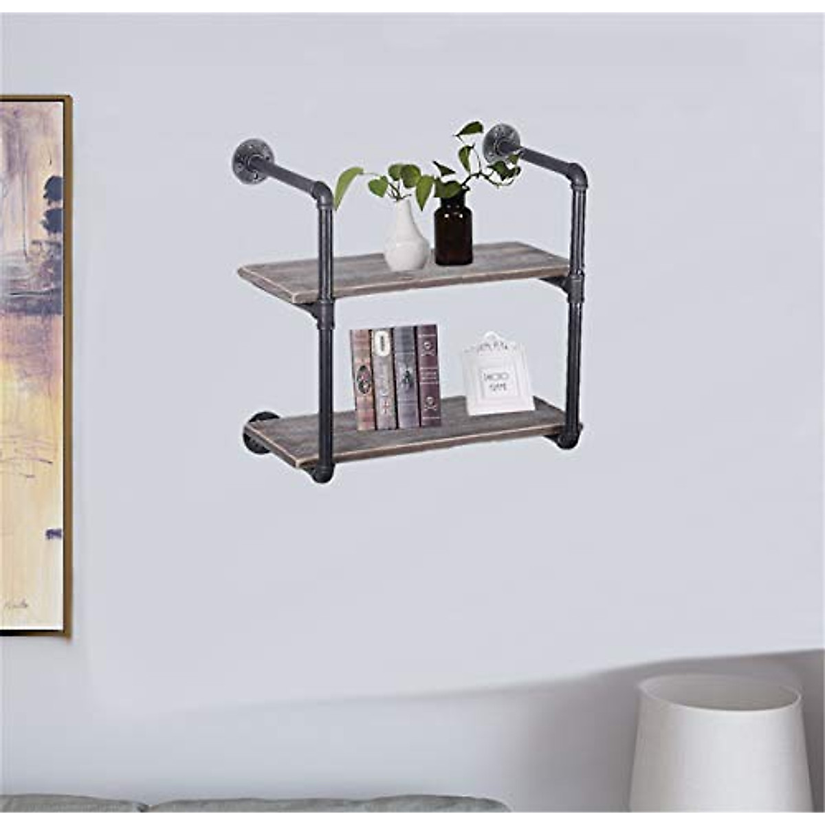 LoftPaipes Industrial Pipe Shelf Wall Mounted,24in 2 Tier Rustic Metal Floating Shelves,Steampunk Real Wood Book Shelves,DIY Bookshelf Hanging Wall Shelves,Farmhouse Kitchen Bar Shelving