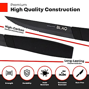 BLAQ Steak Knives Set of 4, German Stainless Steel Serrated Steak Knives with Ergonomic Handles - Dishwasher Safe Steak Knife Set - High Carbon Matte Black Steak Knives with Gift Box