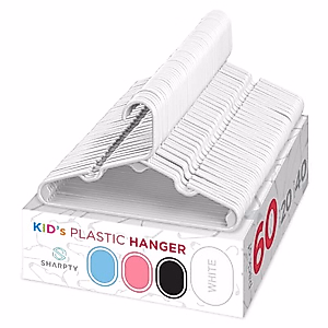 Sharpty Kids Plastic Hangers, Children's Hangers for Baby, Toddler, and Child Clothes - Everyday Standard Use - Ideal for Boys and Girls Closet, Clothing, Pants, Coats, and More - White, 60 Pack