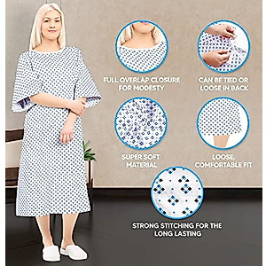 Wrinkle-Free Patient Gown - Fine Cotton Blend - Soft and Comfortable Fabric - Back Front Tie - Fit Easily Up to 2XL Size - Multipurpose Hospital Gown for Men and Women - Reusable and Washable -4 Pack