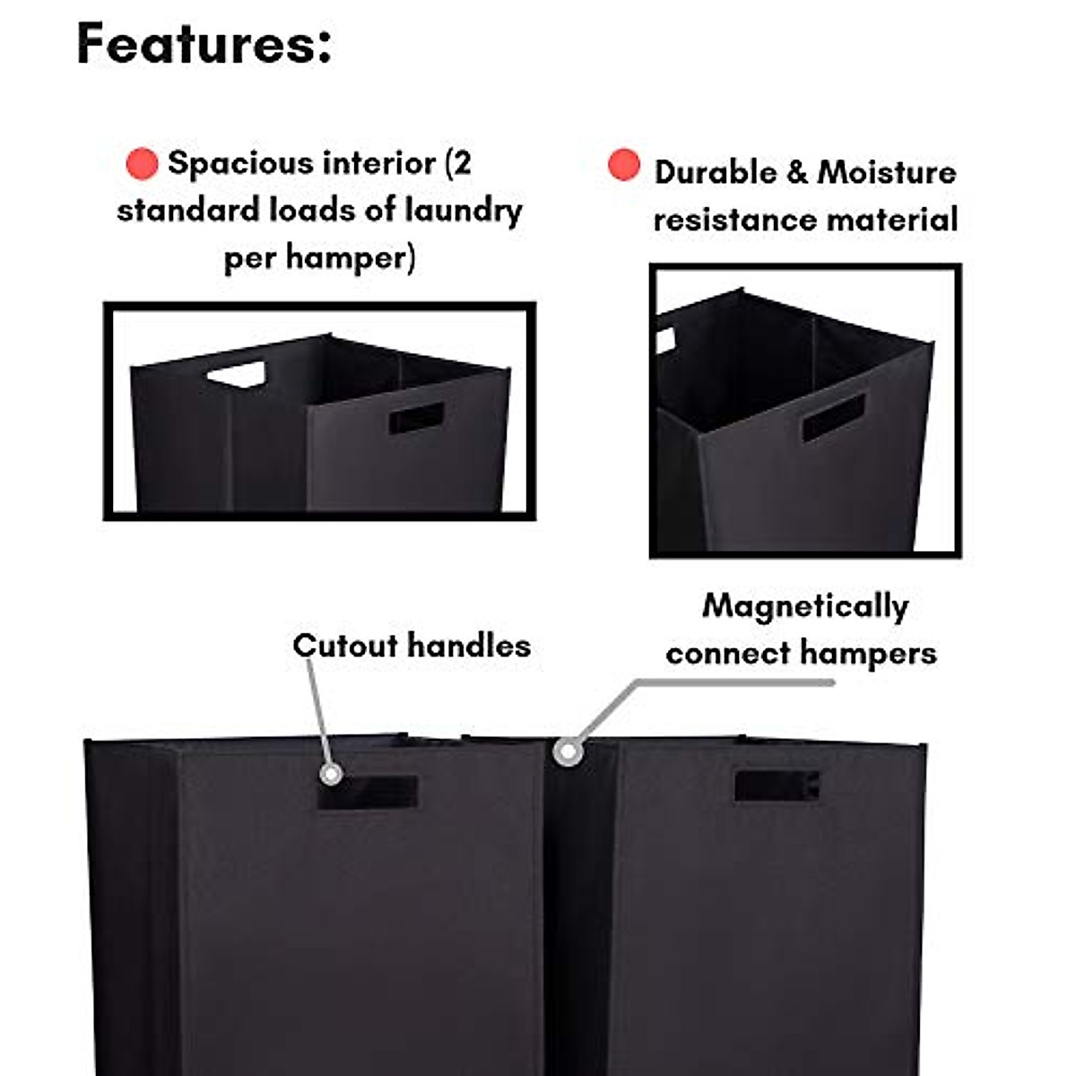 Internet's Best Collapsible Laundry Hamper - Set of 2 - Dirty Clothes Sorter with Handles - Magnetic Side - Easy Storage - Folding - Black