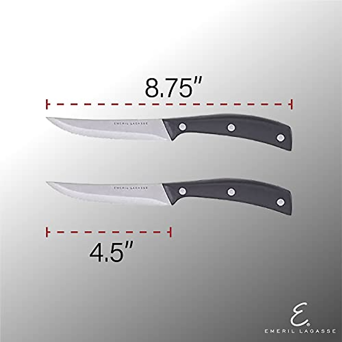 Emeril Lagasse Steak Knife Set of 8, 4.5” Stainless Steel Serrated Blades, Premium Kitchen Steak Knife Set with Black Handles