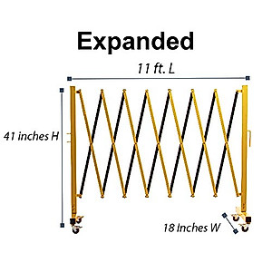 Trafford Industrial Expandable Metal Barricade, 11 Feet, Yellow and Black, Mobile Safety Barrier Gate, Retractable Traffic Fence