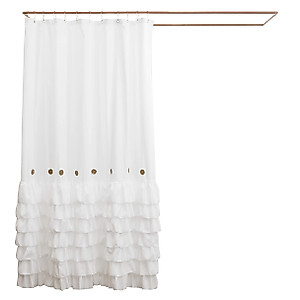 Shaina White Farmhouse Shower Curtain 72 x 72 with Shabby Chic Ruffles and French Country Style Buttons - Modern Farmhouse Fabric (White)