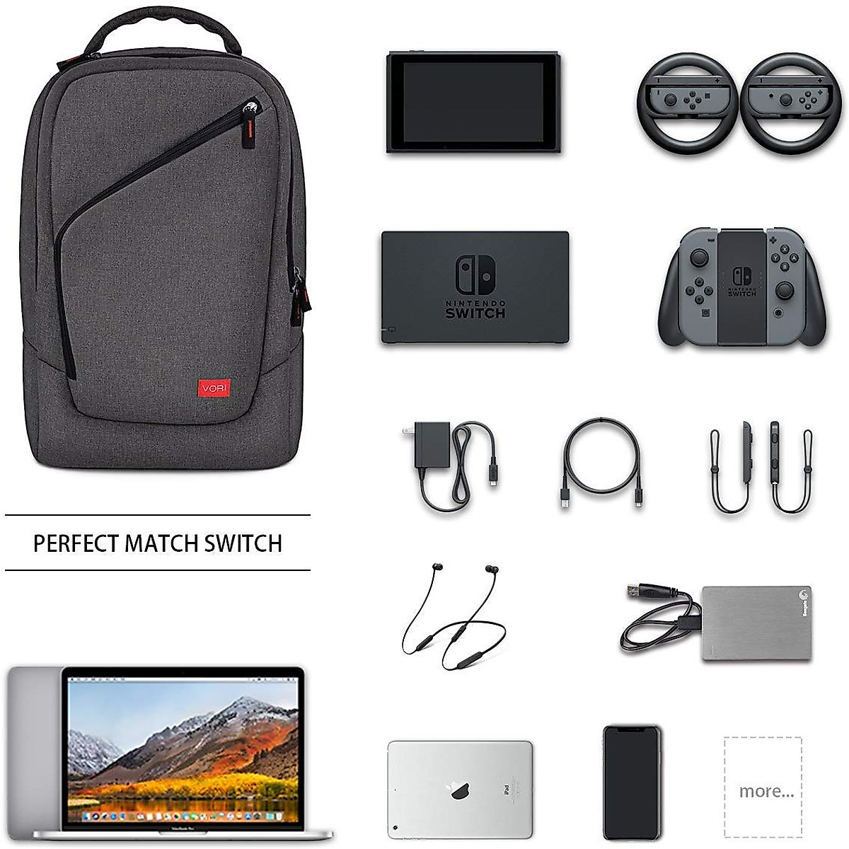 VORI Game Elite Traveling Backpack for Nintendo Switch and Switch OLED Model 2021, Portable Carrying Storage Bag for PS4 Slim and Xbox ONE, Protective Design for Home Storage and Travel, Grey