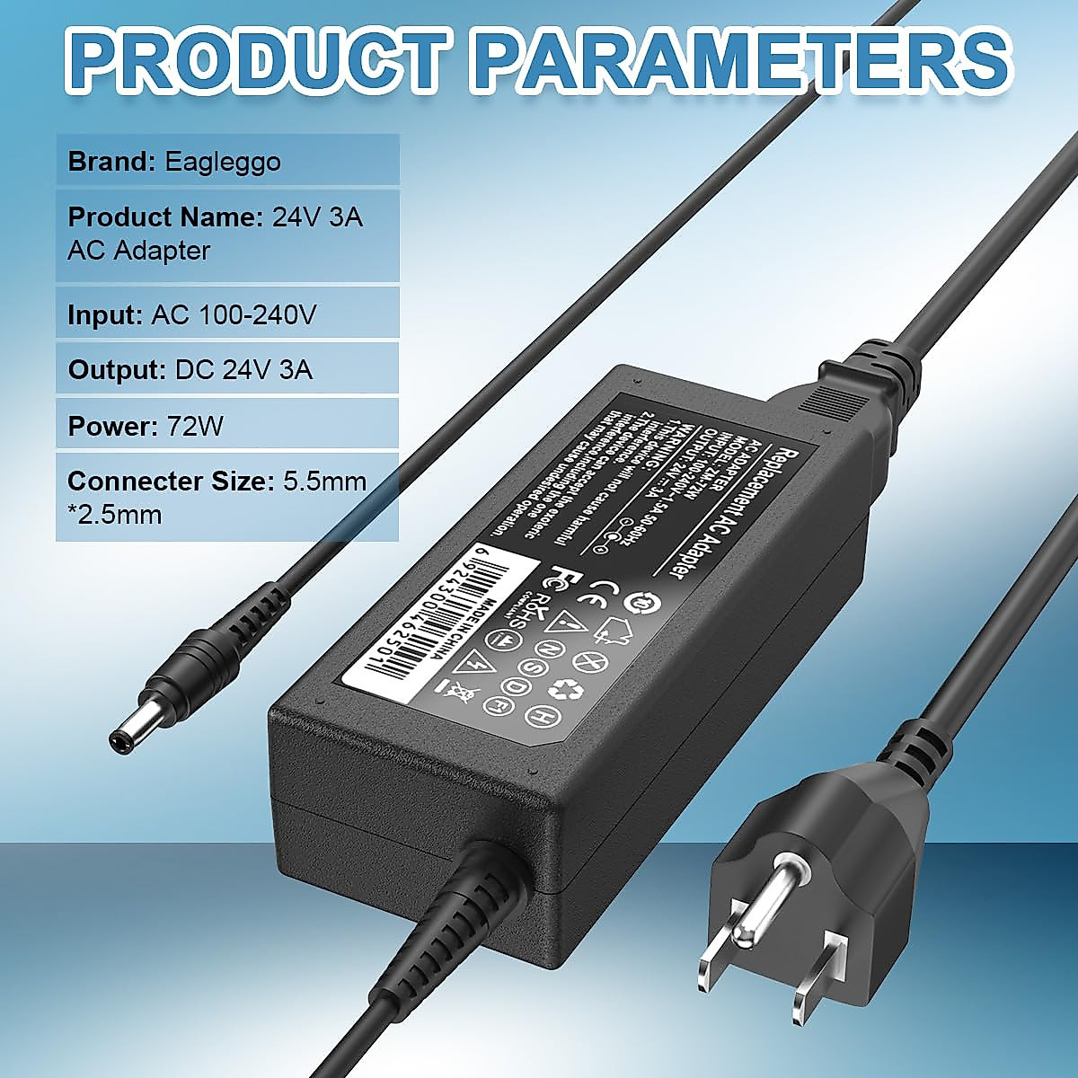 EAGLEGGO 24V 3A 72W AC to DC Adapter Power Supply Replacement for Fujitsu Image Scanner FI-Series fi-6130Z fi-6140Z fi-6230Z fi-6240Z S1500 S1500M AC Power Cord