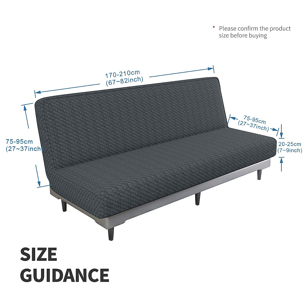 MAXIJIN Jacquard Futon Cover Stretch Armless Sofa Cover Soft Slipcover with Elastic Bottom Thick Furniture Protector for Washable Futon (Dark Gray)