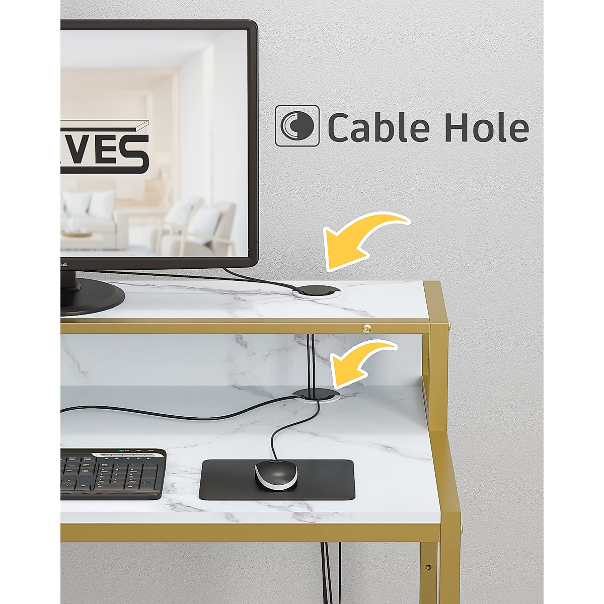 Teraves Computer Desk with 5 Tier Shelves,Reversible Writing Desk with Storage 49 Inch Study Table for Home Office Independent Bookcase and Desk for Multiple Scenes (White Marbling+ Gold Frame)