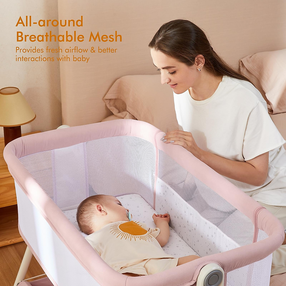 ANGELBLISS Baby Bassinet Bedside Sleeper with Gel Memory Mattress Topper, Easy Folding Portable Bassinet for Baby with Wheels, Mattress with Removable Cover