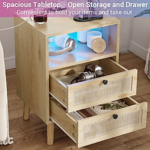 AOGLLATI Rattan Nightstands Set of 2 with Charging Station and LED Lights, Bed Side Tables with 2 Drawers and Open Storage, End Tables, Wood Night Stands for Bedroom, Natural