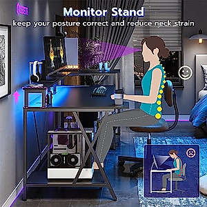 SEDETA Gaming Desk 70.8'' with LED Lights and Storage Shelves, Computer Desk with Monitor Stand, Power Outlets and Cup Holder, Large PC Gamer Desk, Gaming Table for Bedroom, Living Room, Black