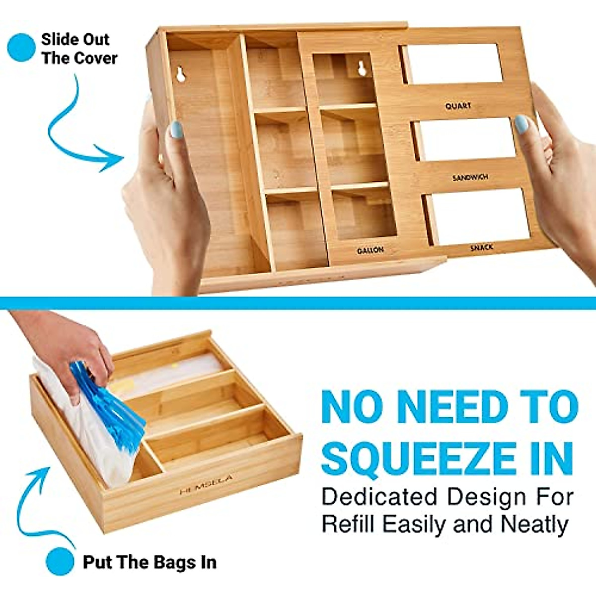 HEMSELA Ziplock Bag Organizer, kitchen drawer organizer with foil and plastic wrap, aluminum foil organizer, ziplock bag dispenser With Cutter, Compatible for Gallon, Quart, Sandwich & Snack (Wooden)