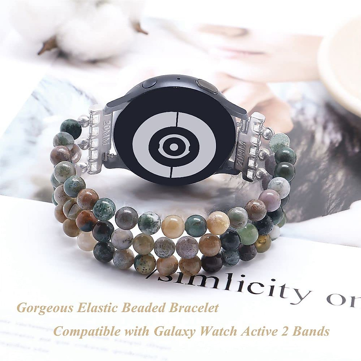 KAI Top Beaded Bracelet Compatible with Samsung Galaxy Watch 7 6 5 4 Band 40mm 44mm/Watch 6 Classic 43mm 47mm/Watch 5 Pro 45mm/Watch 4 Classic/Active 2 Band, 20mm Elastic Stretchy Wristband for Women