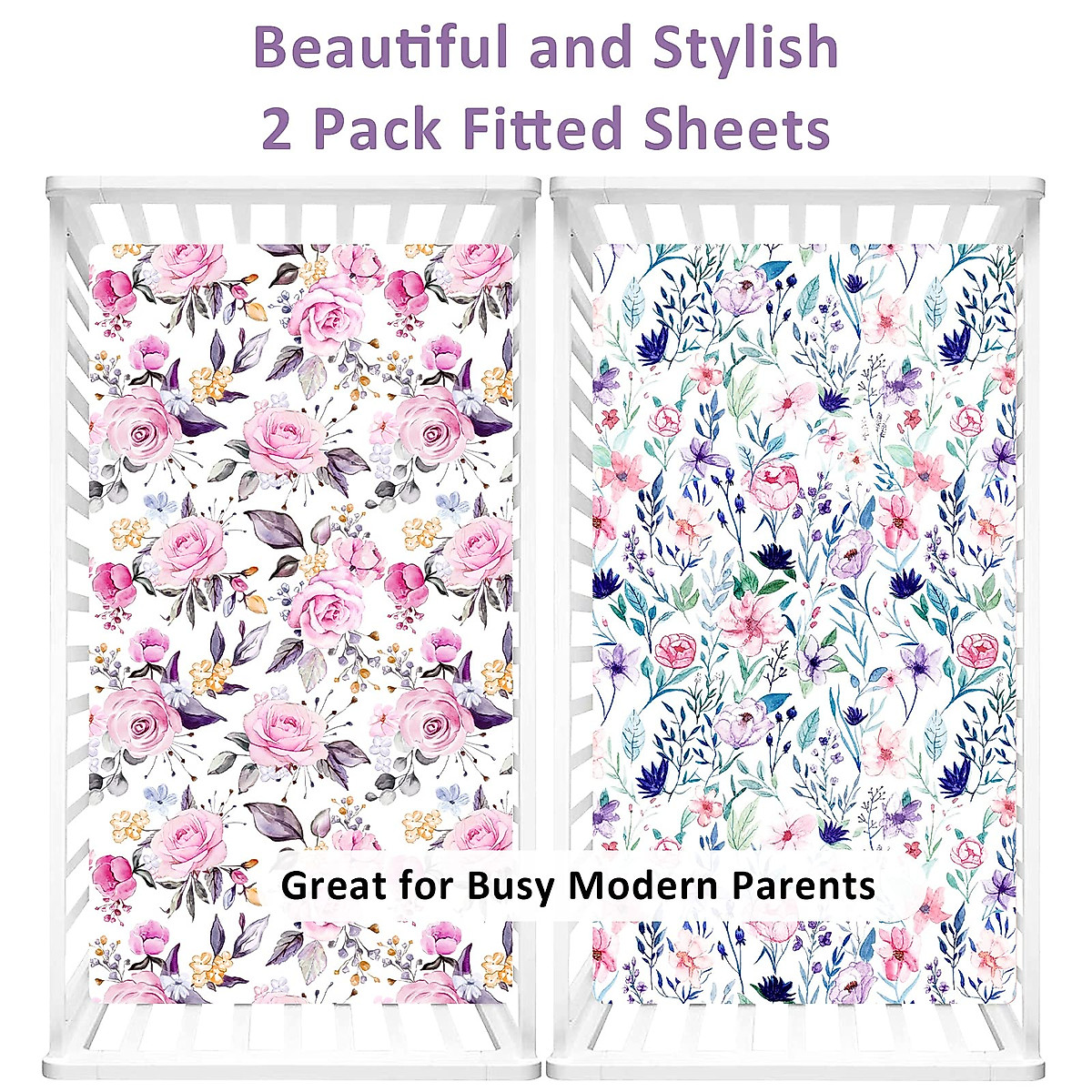 2 Pack of Floral Crib Sheets and Changing Pad Covers for Baby Girls Boys Universal Fit and Ultra Soft Stretchy Jersey Knit Fabric