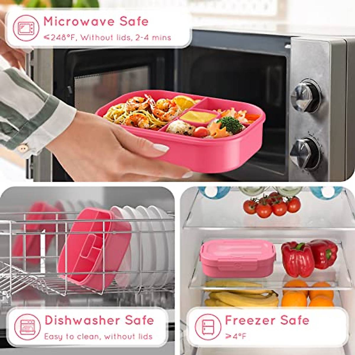 TIME4DEALS Bento Box for Kids 44oz 4 Compartment Lunch Container with Cutlery, Bento Lunch Box Containers for Kid/Adult/Toddler, Leak Proof, Microwave/Dishwasher/Refrigerator Safe, BPA Free (Pink)