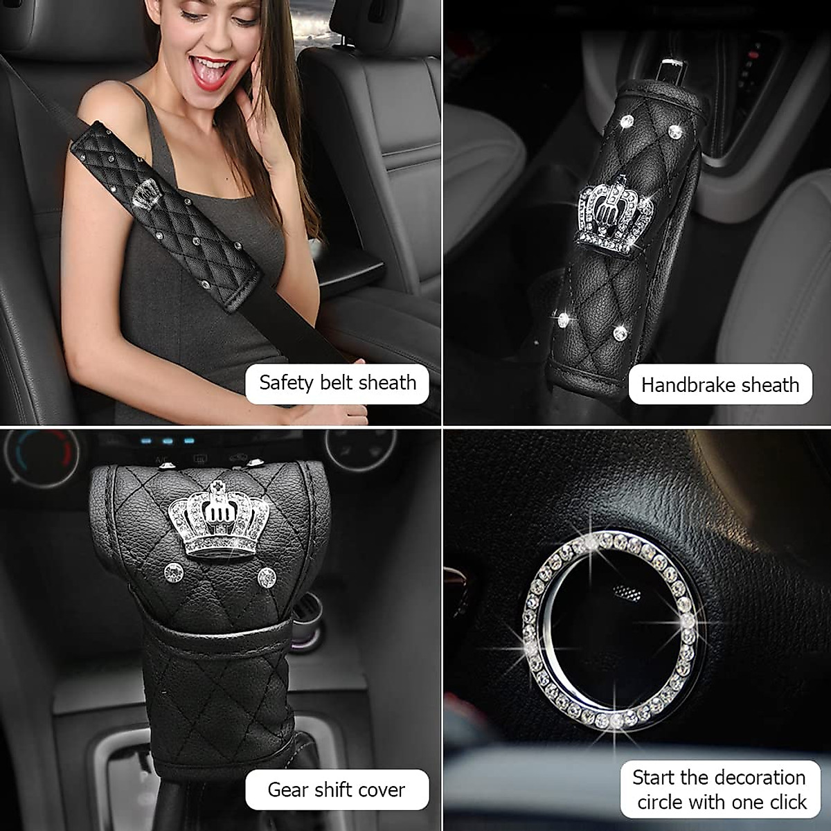 coofig Bling Crown Car Accessories Set for Women Girls,Bling Diamond Steering Wheel Cover + 2pcs Car Seat Belt Cover + Gear Shift Cover + Handbrake Cover + Button Ignition knob Car Bling Crown Decor