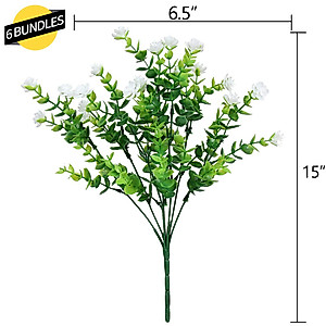 Flojery 6Pcs Artificial Flowers UV Resistant Fake Flower Greenery Eucalyptus Plants with Flower for Porch Window Box Home Garden Decor (White)