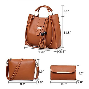 3Pcs Set Purses and Handbags for Women PU Leather Fashion Tote Bag Wallet Crossbody Shoulder Bag Handbags Top Handle Satchel Bag Purse Set, Brown