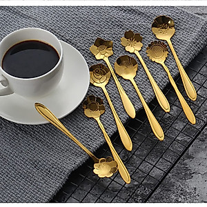 QNCIGER 5-Inch 8 Pcs Flower Spoon Coffee Teaspoon Set, Drink Stirring Spoon for Dessert, Coffee, Ice Cream, Tea (Gold)