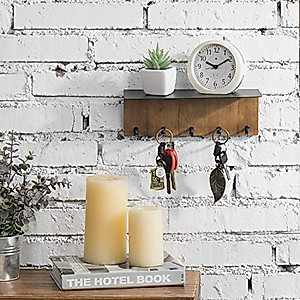 MyGift Entryway Shelf Rack with 5 Key Hooks, Wall-Mounted Burnt Solid Wood and Matte Black Decorative Shelf