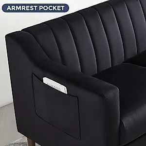 IULULU Velvet Sofa, 77 Inch 3-Seater Mid Century Modern Accent Couch, Upholstered Futon with Side Pocket, Wood Legs, Black