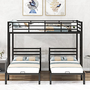 BIADNBZ Triple Bunk Bed Full Over Twin&Twin with Built-in Shelf and 2 Ladders, 3 in 1 Metal L-Shaped Bunkbeds for Kids Teens Adults Bedroom, Black
