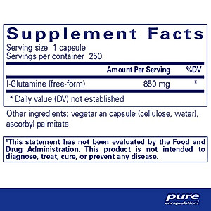 Pure Encapsulations L-Glutamine 850 mg | Supplement for Immune and Digestive Support, Gut Health and Lining Repair, Metabolism Boost, and Muscle Support* | 250 Capsules