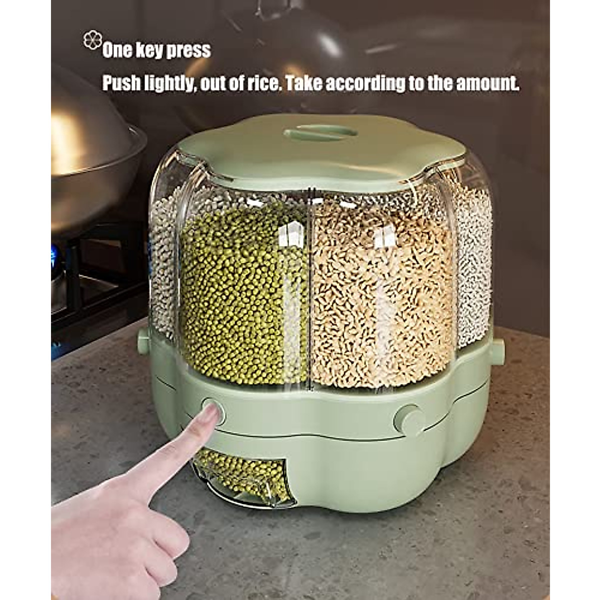 6-Grid Round Rice Dispenser 360° Rotating Food Bucket Transparent Rice Storage Container Rotatable Dry Food Fruit Cereal Storage Box Tank for Home Kitchen