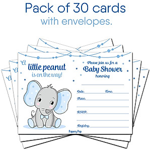 30 Baby Shower Invitations for Boy with Envelopes (30 Pack) - Elephant - Baby Boy Shower Invite Cards - Fits Perfectly with Blue Elephant Baby Shower Decorations and Supplies for Boys