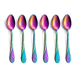 Rainbow Dessert Spoons, Seeshine 6.5-inch Stainless Steel Shiny Rainbow Teaspoon, Espresso Coffee Spoon, Tea Spoons Silverware, Set of 6
