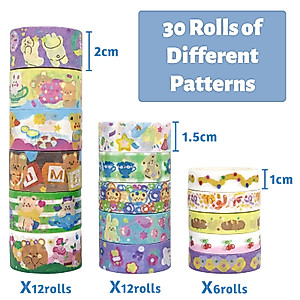 MPOPUUL 30 Rolls Kawaii Washi Tape Set - Cute Bear Print Washi Tapes Decorative for Kids, School Supplies, Journalings,Scrapbooking, DIY Crafts, 20/15/10mm Wide