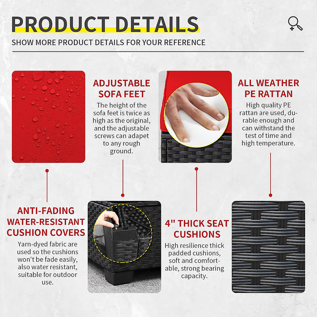 Lviden 7 Pieces Outdoor Patio Furniture Set, Black Wicker Sectional Couch, PE Rattan Conversation Sofa Set with Red Cushions and 5000 BTU Fire Pit Table