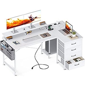 ODK 55 inch L Shaped Computer Desk with USB Charging Port & Power Outlet, L-Shaped Corner Desk with 4 Tier Drawer & Monitor Shelf for Home Office Workstation, Modern Style Writing Table, White