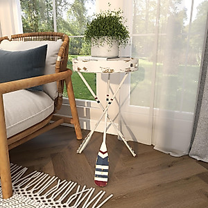 Deco 79 Metal Paddle Side End Accent Table Distressed Striped End Table with Navy and Red Striped Oar Legs, Side Table 16" x 16" x 28", White
