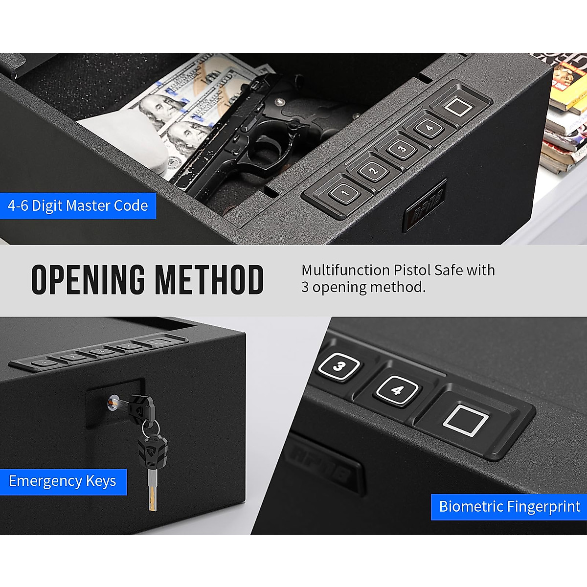 RPNB Gun Safe,4-Pistol Multifunction Gun Safe,California DOJ Certified,Quick-Access Firearm Safety Device with Digital Key Pad & Biometric Fingerprint