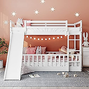 FIQHOME Twin Over Twin Bunk Bed with Slide and Ladder,Floor Bunk Bed for Kids Toddlers, Wood Low Bunk Beds Frame with Ladder and Fence for Boys Girls Teens,White
