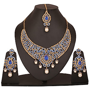 Touchstone Indian jewelry bollywood for women statement necklace sets wedding blue royal bridal ornaments big large matha tikka statement rajasthani mangtika traditional quality in antique gold tone.
