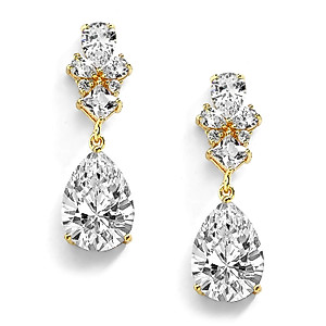 Mariell 14K Gold Plated Cubic Zirconia Teardrop Pear Dangle Drop Wedding Earrings, Bridal & Formal Wear