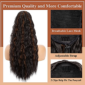 MOTEFOUS Long Wavy Drawstring Ponytail Extension Synthetic Natural Black Curly Wavy Ponytail Hairpieces for Women 24 INCH Wavy Drawstring Ponytail for Black Women （1B）