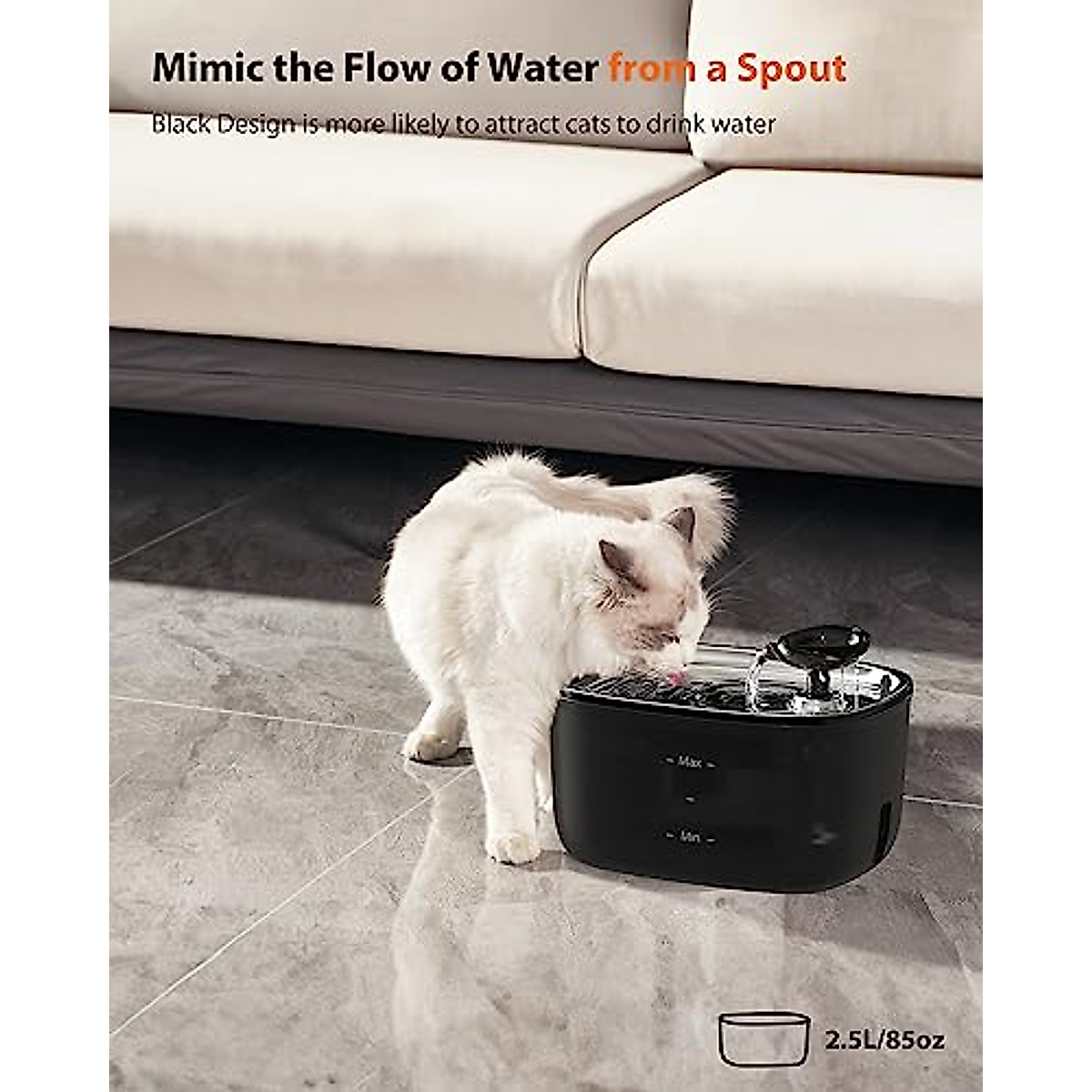 Stouchi Cat Water Fountain 85oz/2.5L, Stainless Steel Pet Water Fountain for Cats Dogs Inside with Led Light, Ultra-Quiet Cat Water Dispenser Bowl, Cat Waterer Fountain for Multiple Pets, Black