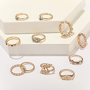 Missgrace Stackable Dainty Gold Color Boho Rhinestones Rings Set Festival Bohemian Rings Set Beach and Vacation Summer Jewelry Knuckle Rings Tribal Accessory for Women and Girls 11 (Style 8)